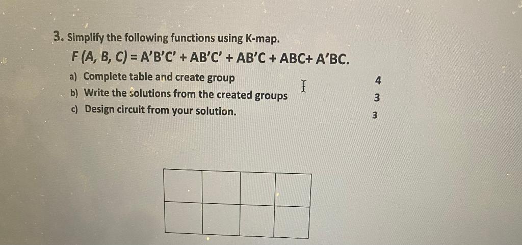 Solved 3 Simplify The Following Functions Using K Map Fa 5223