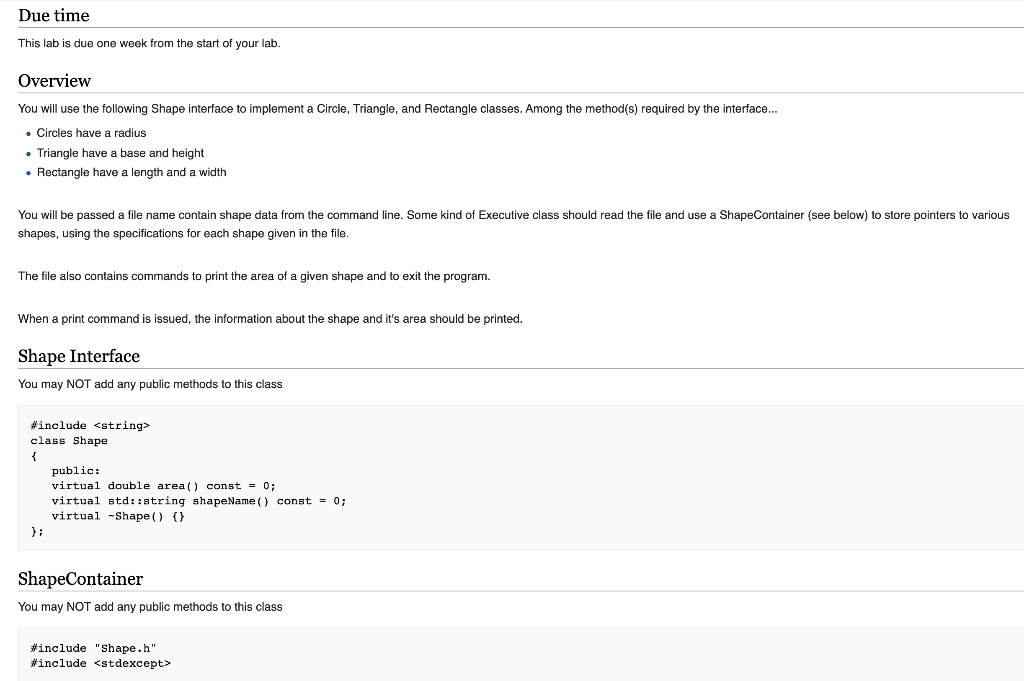 Need in C++, with files Shape.h, ShapeContainer.h, | Chegg.com