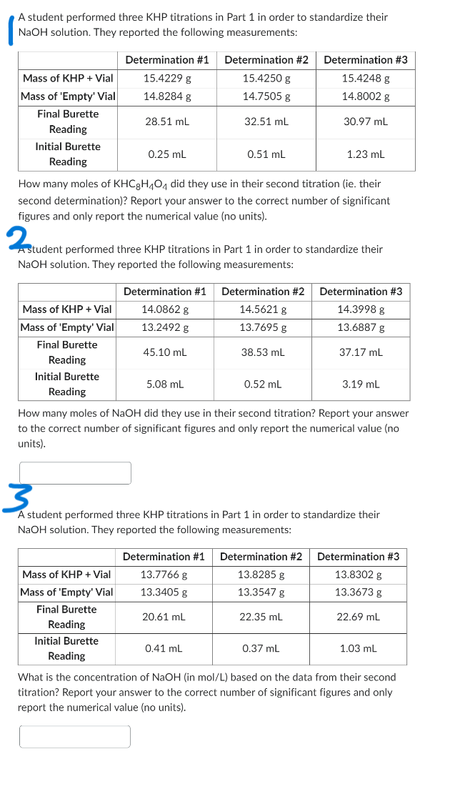 Solved A student performed three KHP titrations in Part 1 in | Chegg.com