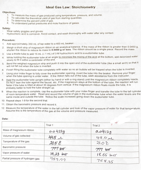 Ideal Gas Law: Stoichiometry Objectives 1. To measure | Chegg.com