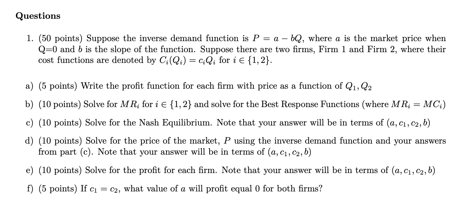 1. (50 points) Suppose the inverse demand function is | Chegg.com