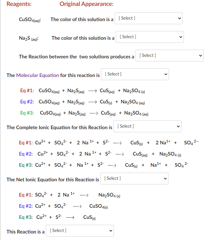Solved Reagents: Original Appearance: CuSO4(aq) The color of | Chegg.com