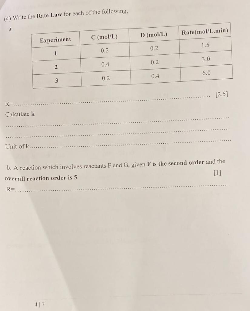 Solved (4) Write the Rate Law for each of the following, a. | Chegg.com
