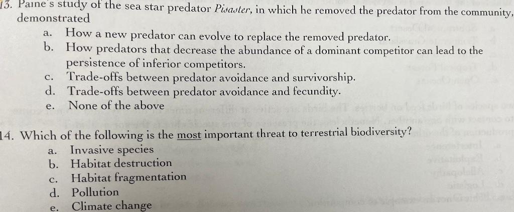 Solved 3. Paine's study of the sea star predator Pisaster, | Chegg.com
