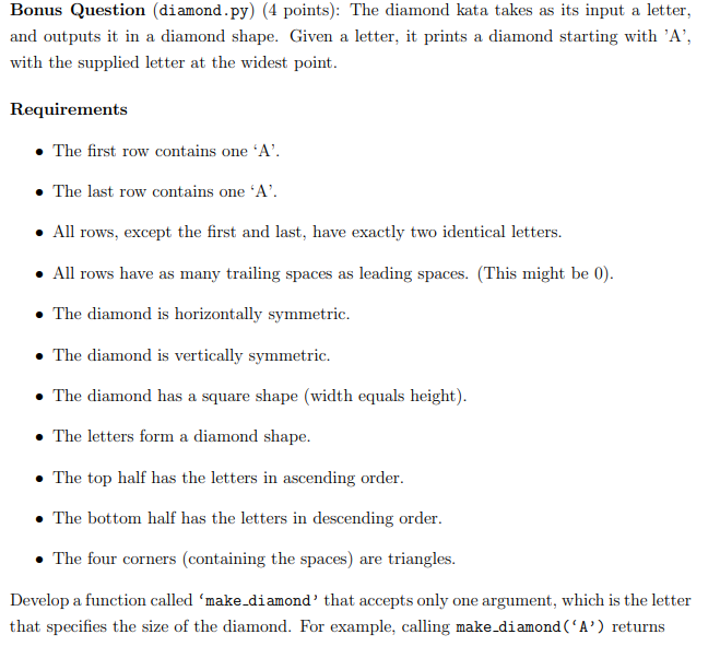 Solved Bonus Question (diamond.py) (4 points): The diamond | Chegg.com