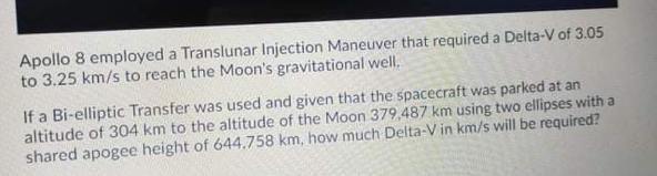 Solved Apollo 8 employed a Translunar Injection Maneuver | Chegg.com