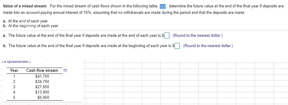 Solved Value of a mixed stream For the mixed stream of cash | Chegg.com