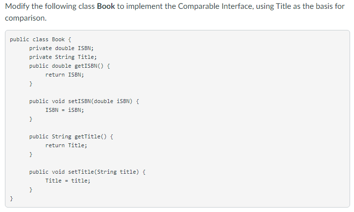 Solved Modify the following class Book to implement the | Chegg.com