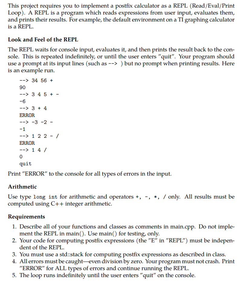 Solved This project requires you to implement a postfix | Chegg.com