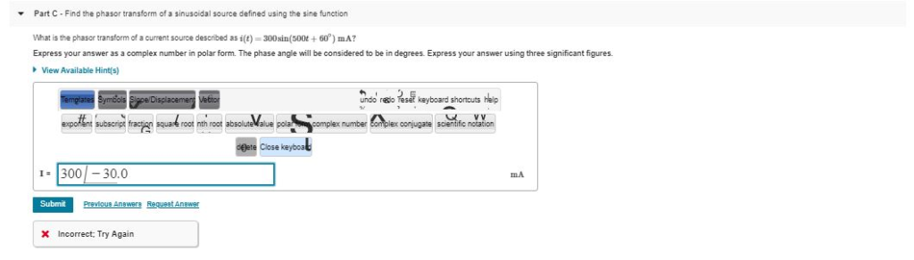 Solved Part C- Find the phasor transform of a sinusoidal | Chegg.com