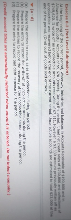 Solved Exercise 8-3 (Part Level Submission) At the beginning | Chegg.com