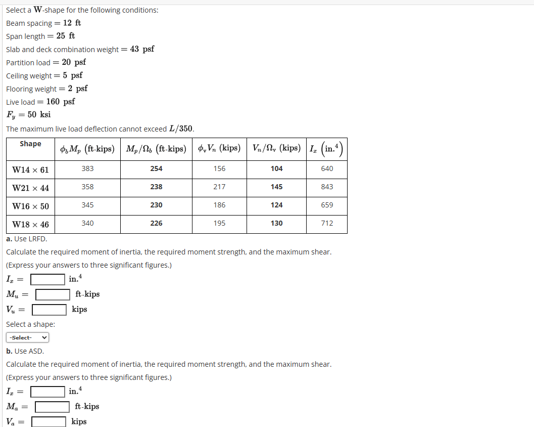 Solved Select a W-shape for the following conditions:Beam | Chegg.com