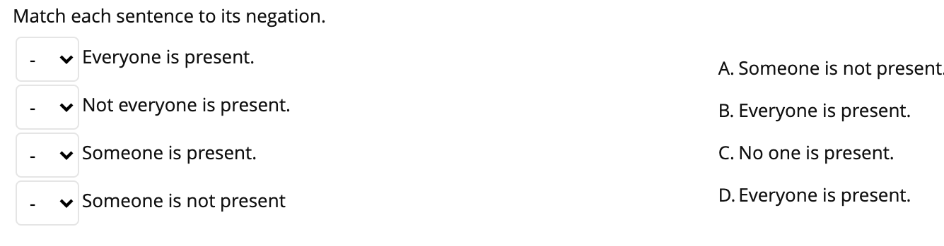 Solved Match each sentence to its negation. v Everyone is | Chegg.com