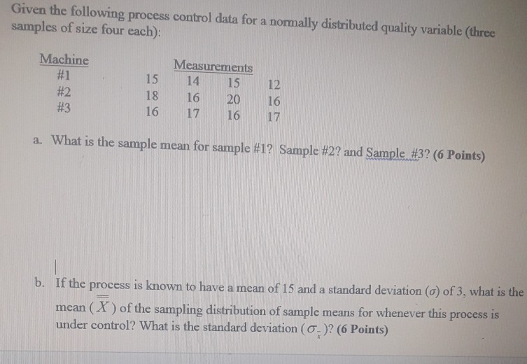 Given the following process control data for a | Chegg.com