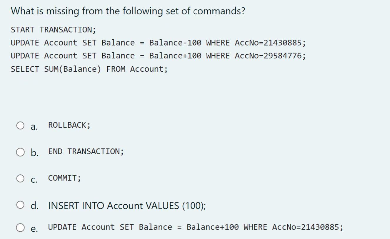 Solved What is missing from the following set of commands? | Chegg.com