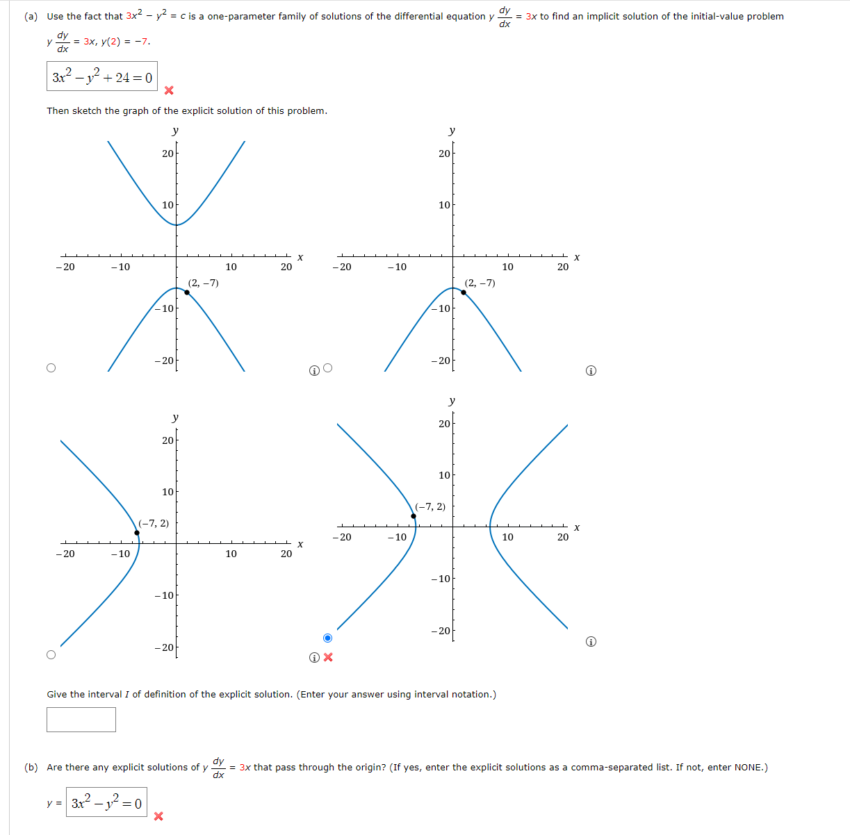 Solved by an EXPERT (a) ﻿Use the fact that 3x2-y2=c is ﻿a one-parameter | Chegg.com