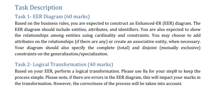 Solved Task Description Task 1-EER Diagram (60 marks) Based | Chegg.com