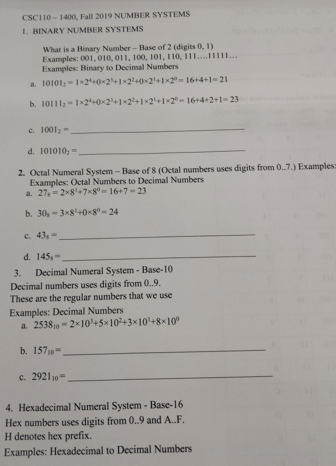 Solved CSC110 - 1400, Fall 2019 NUMBER SYSTEMS 1. BINARY | Chegg.com