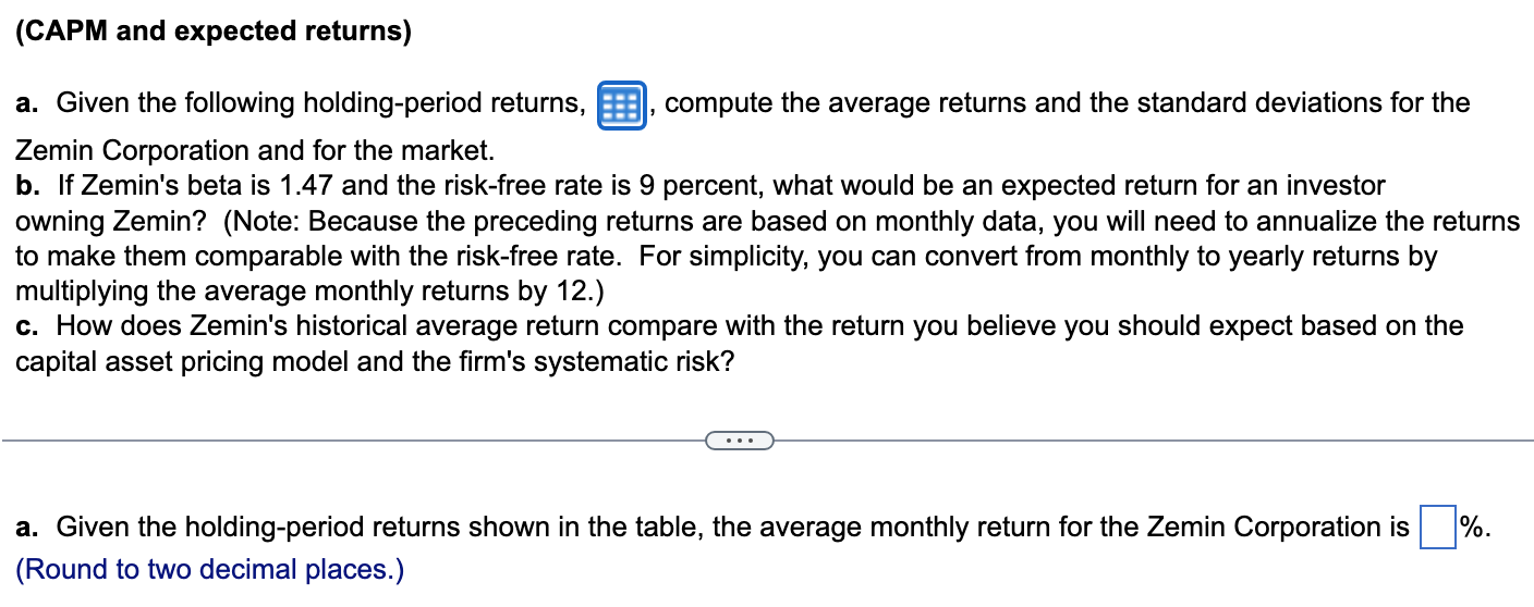 Solved Data table(CAPM and expected returns) a. Given the | Chegg.com