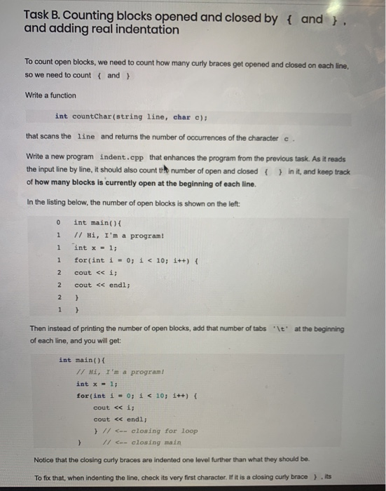 Solved Task B. Counting blocks opened and closed by and and | Chegg.com