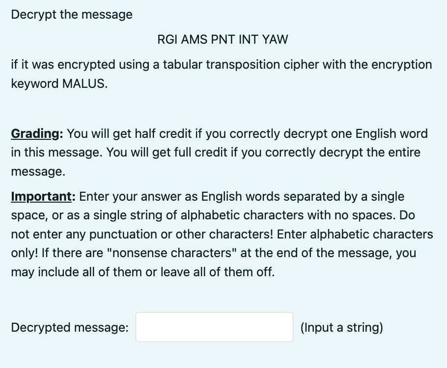 Solved Decrypt the message RGI AMS PNT INT YAW if it was | Chegg.com