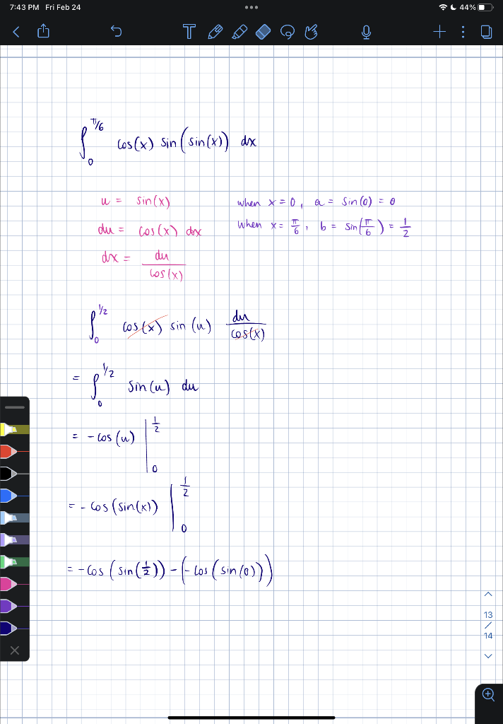 Solved Find the value of ∫0π/6cos(x)sin(sin(x))dx. | Chegg.com