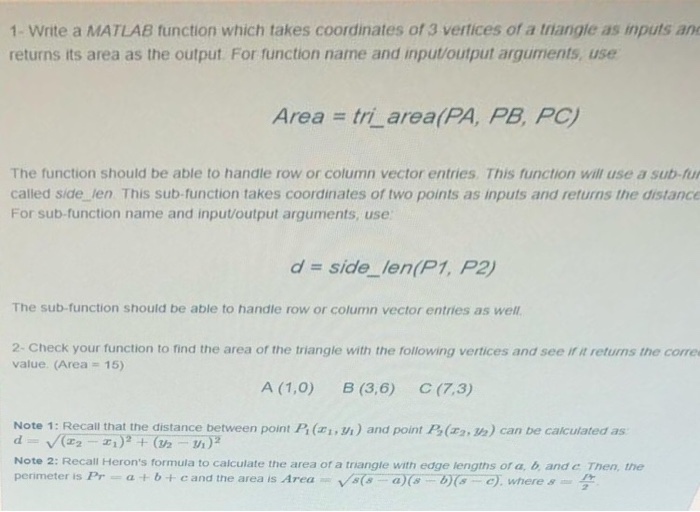 1- Write a MATLAB function which takes coordinates of | Chegg.com