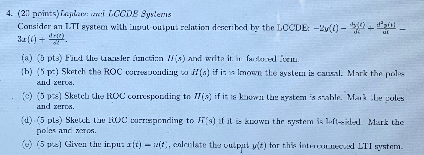 Solved 4. (20 points) Laplace and LCCDE Systems Consider an | Chegg.com