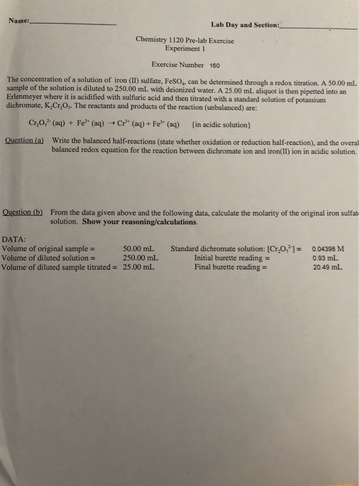 Chemistry 1110 Pre-Lab Exercise Experiment6 Exercise | Chegg.com