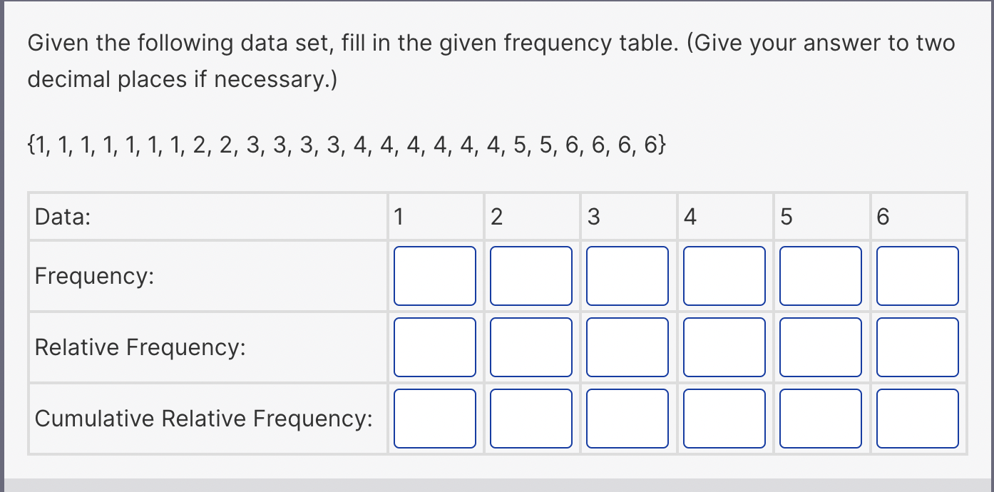 Solved Given the following data set, fill in the given | Chegg.com