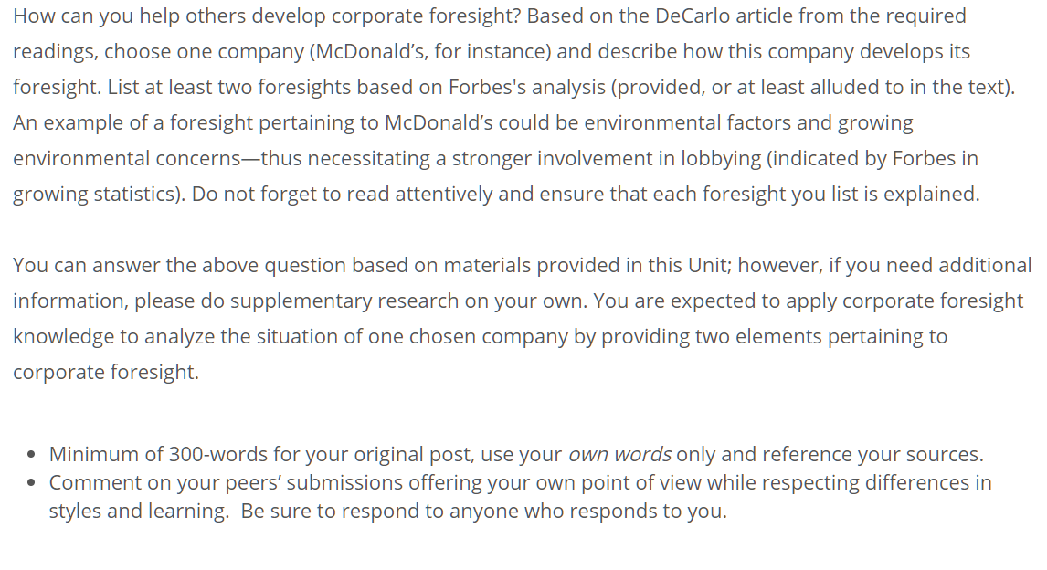 Solved How can you help others develop corporate foresight? | Chegg.com