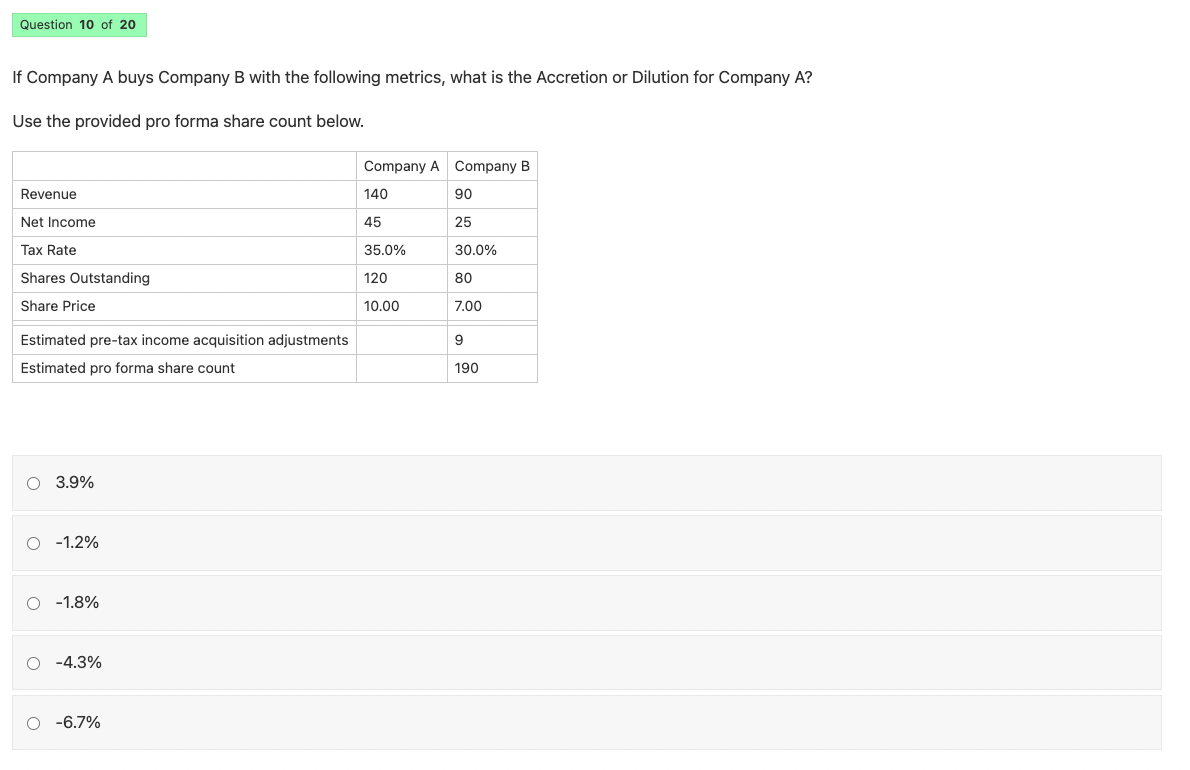 Pls help with these M&A modeling questions and select | Chegg.com