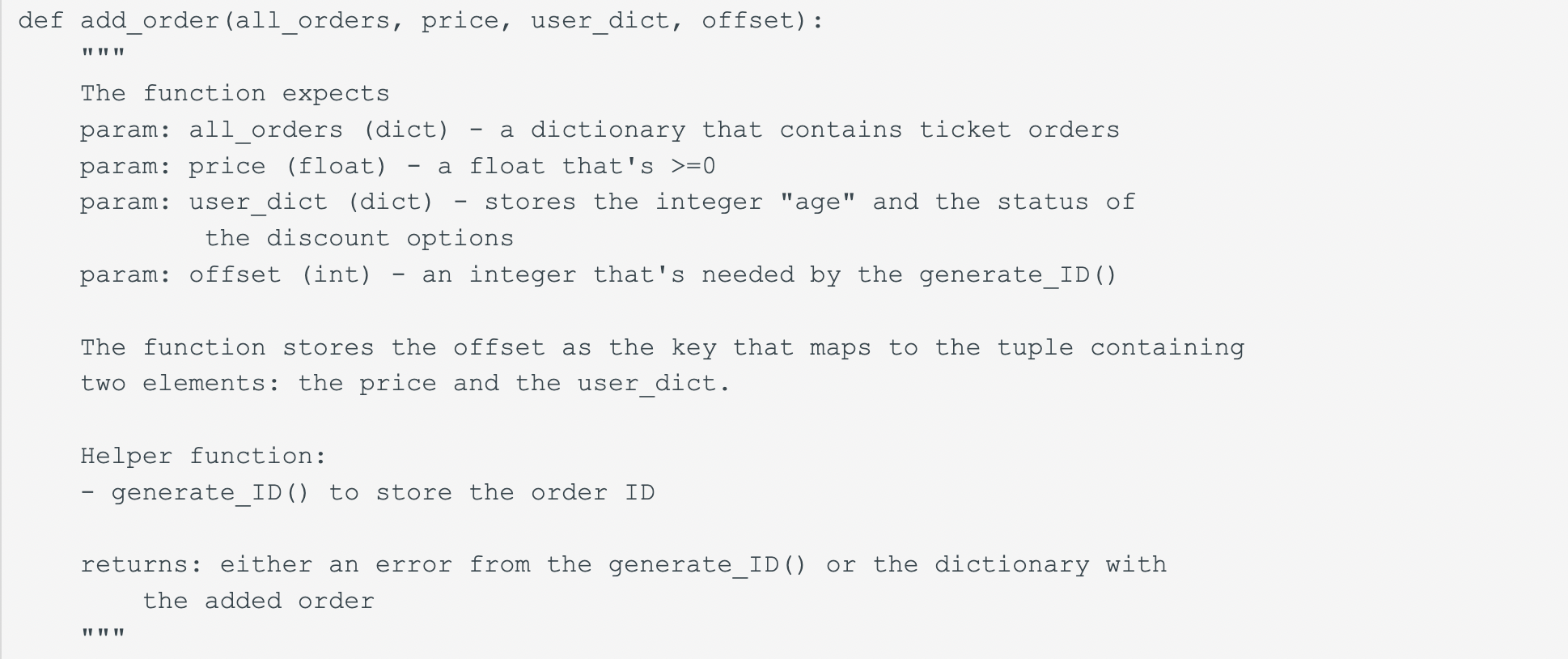 Solved def add_order(all_orders, price, user_dict, offset): | Chegg.com