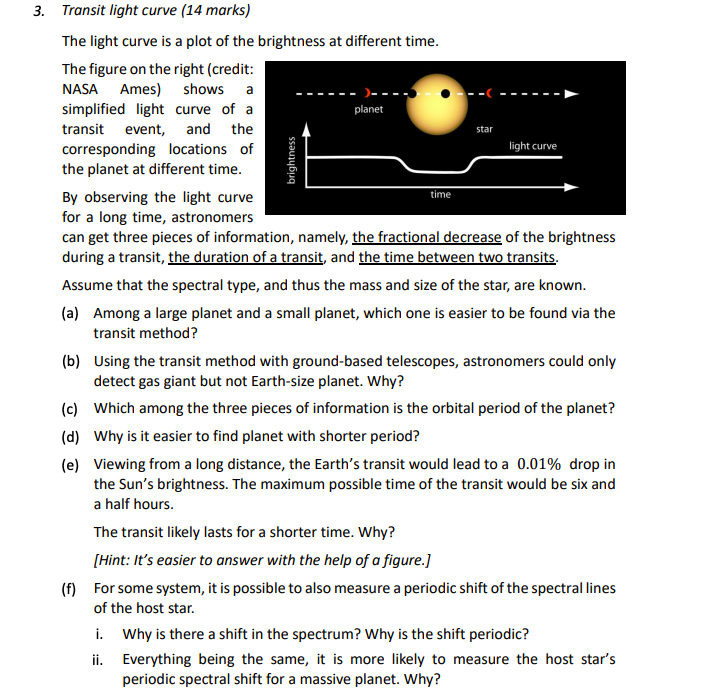 Solved 3. Transit light curve (14 marks) The light curve is | Chegg.com
