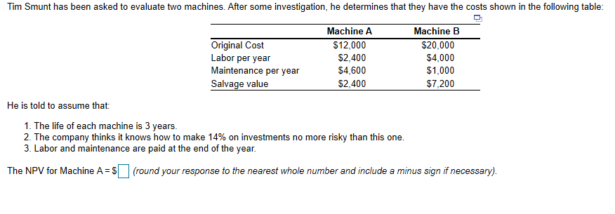Solved Tim Smunt has been asked to evaluate two machines. | Chegg.com