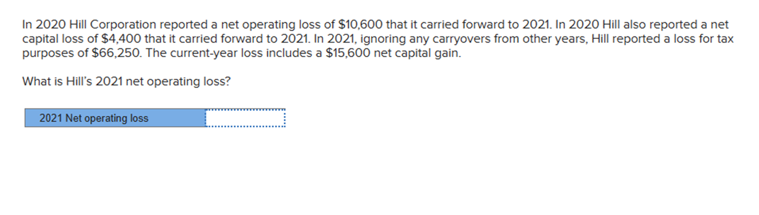 Solved In 2020 Hill Corporation reported a net operating | Chegg.com