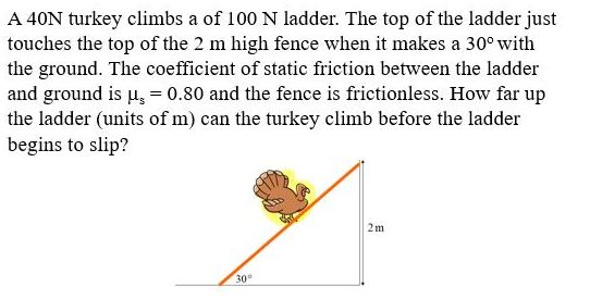 Solved A 40N turkey climbs a of 100 N ladder. The top of the | Chegg.com