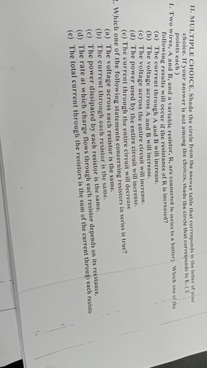 Solved I MULTIPLE CHOICE. Shade the circle from the answer | Chegg.com