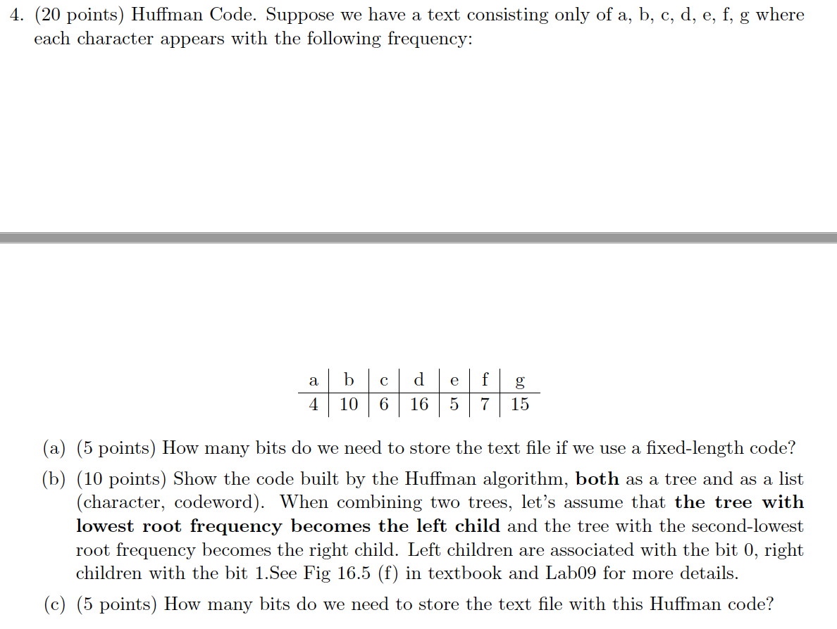 Solved 4 20 Points Huffman Code Suppose We Have A Text 