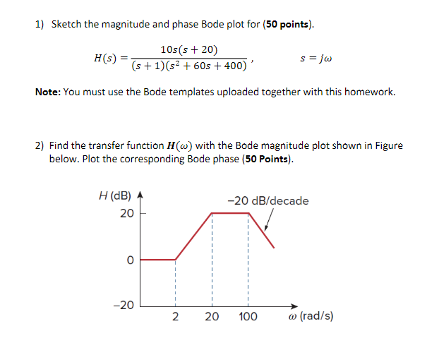 Solved 1) Sketch the magnitude and phase Bode plot for ( 50 | Chegg.com