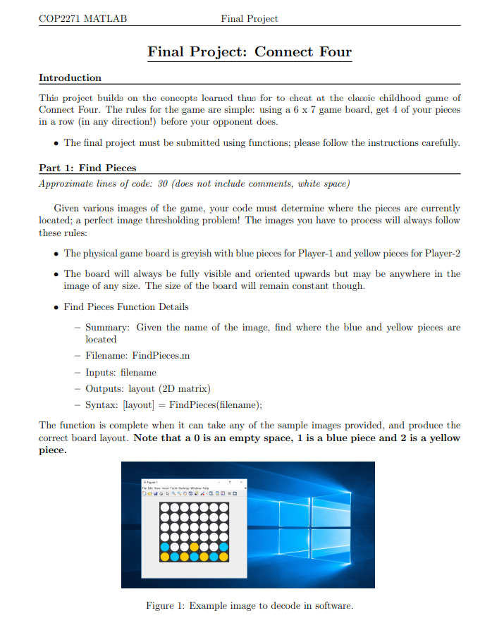 COP2271 MATLAB Final Project Final Project: Connect | Chegg.com