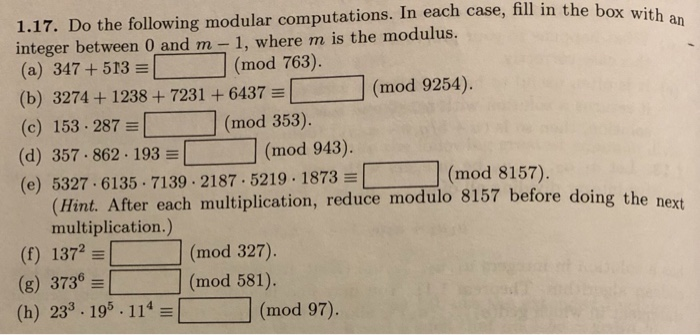 Solved 117 Do The Following Modular Computations In Each