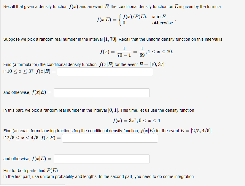 Solved Recall that given a density function f(c) and an | Chegg.com
