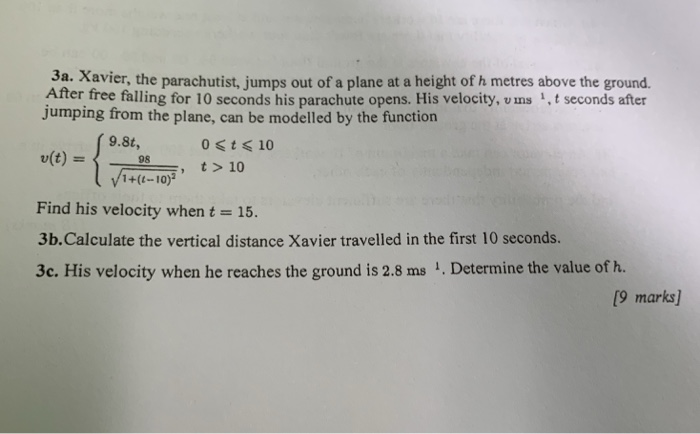 Solved 3a. Xavier, the parachutist, jumps out of a plane at | Chegg.com