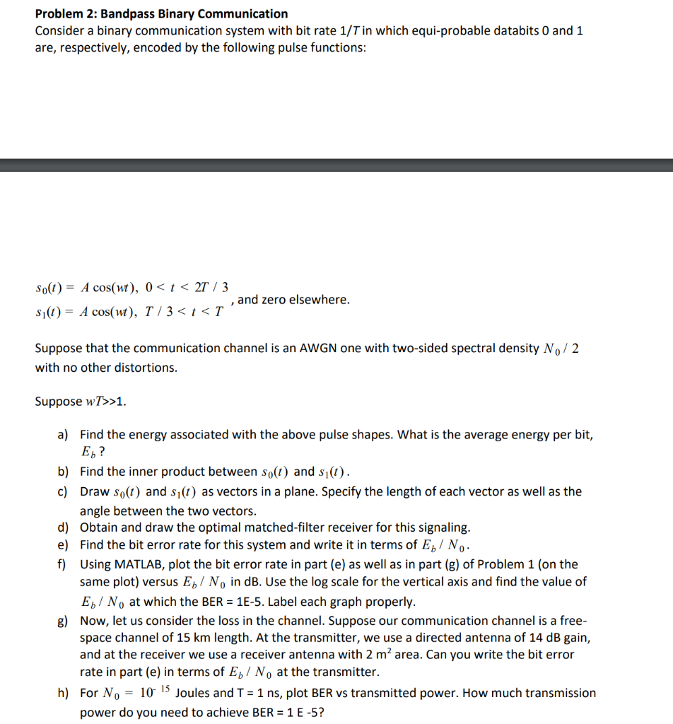 Problem 2: Bandpass Binary Communication Consider a | Chegg.com