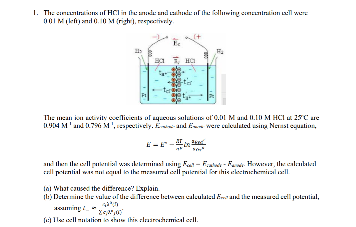 1. The concentrations of HCl in the anode and cathode | Chegg.com