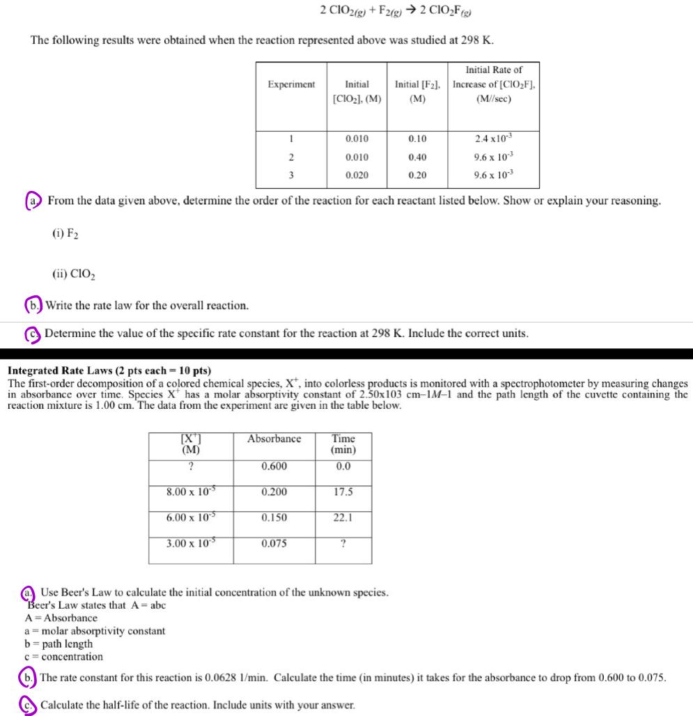 Solved 2 ClO2(g) + F2(g) → 2 CIOF) The following results | Chegg.com