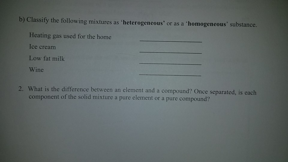 Solved b) Classify the following mixtures as 'heterogeneous' | Chegg.com