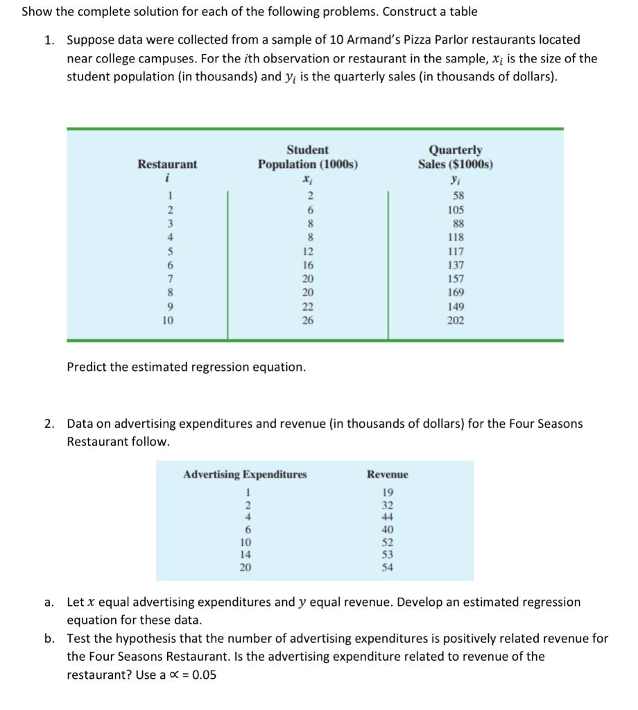 Solved Show the complete solution for each of the following | Chegg.com