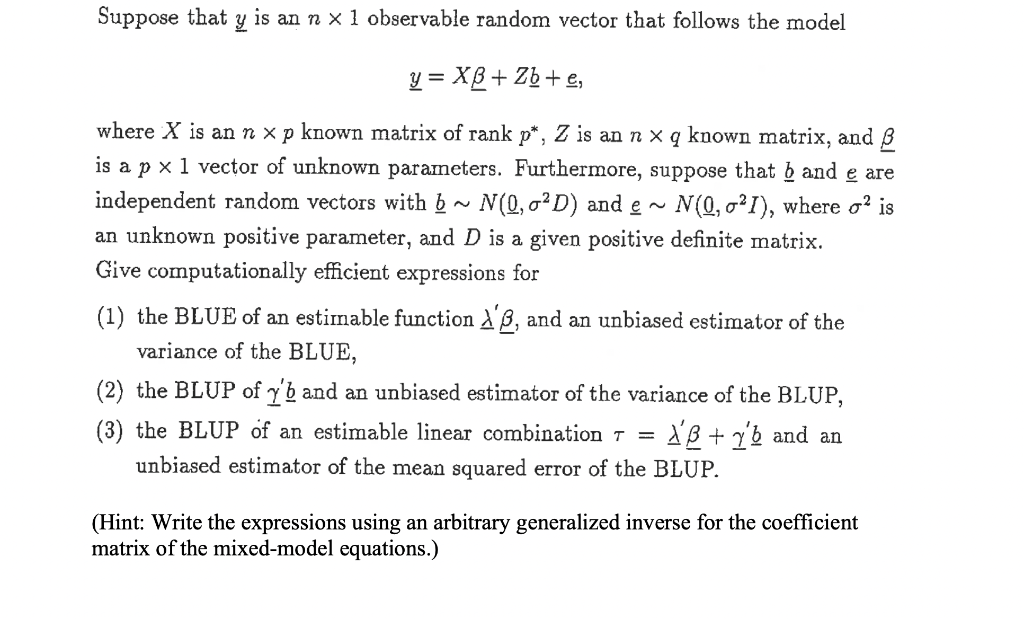 Suppose that y is an n×1 observable random vector | Chegg.com
